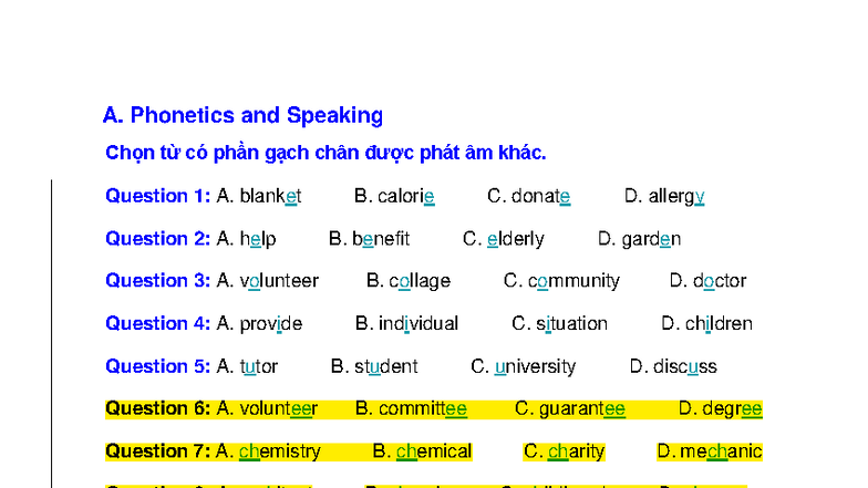 B - Phonetics and Speaking: Pronunciation and Vocabulary Quiz - Studocu
