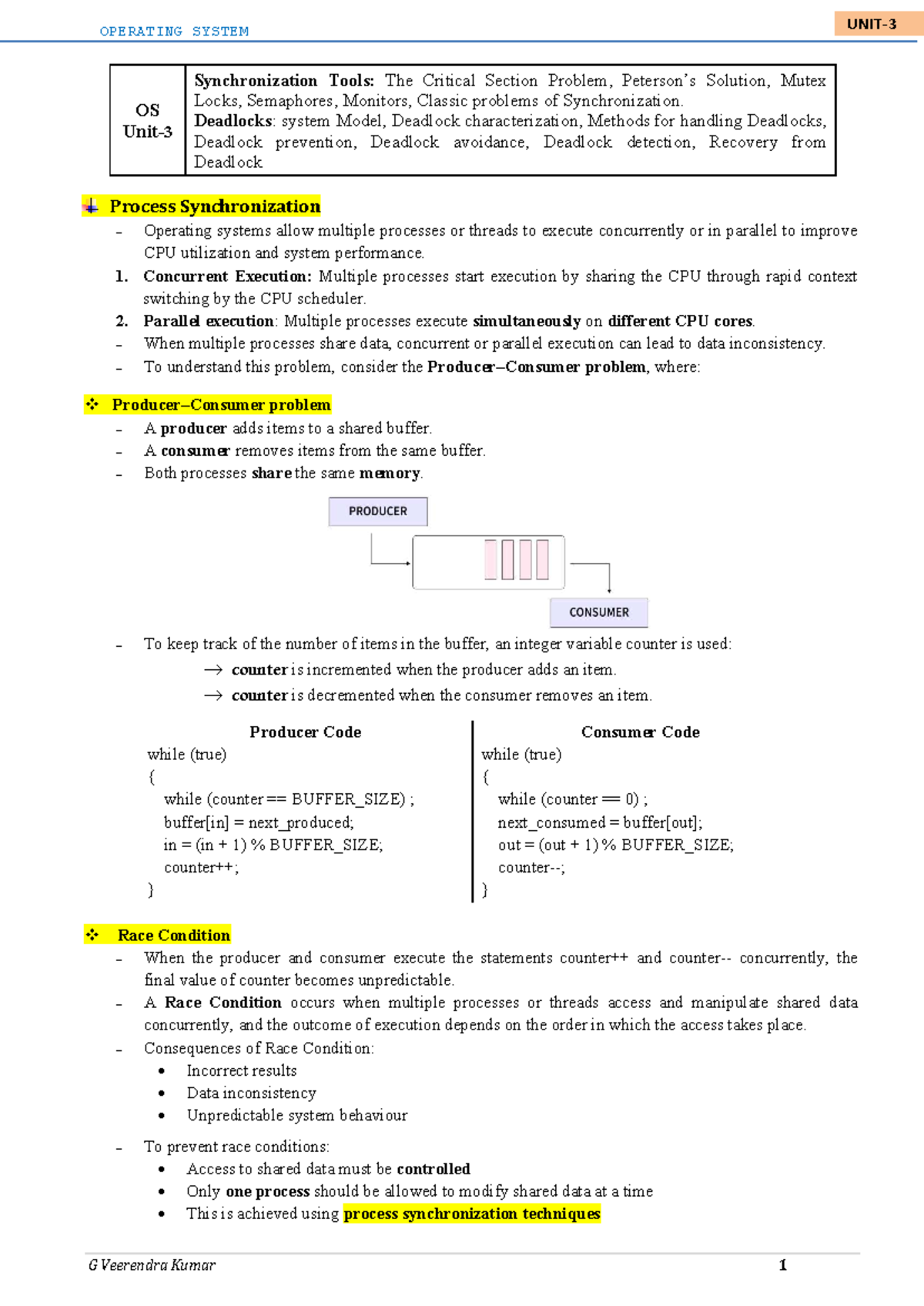 OS U3 - Operating Systems Unit 3: Synchronization & Deadlocks - Studocu