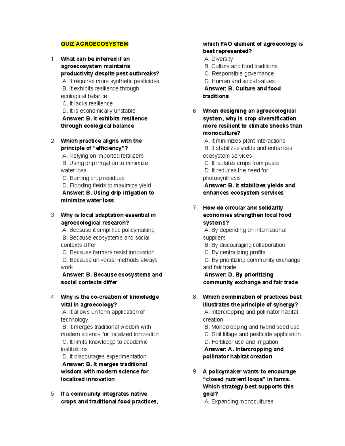 QUIZ ZGE 4302: Agroecosystem Resilience and Practices - Studocu