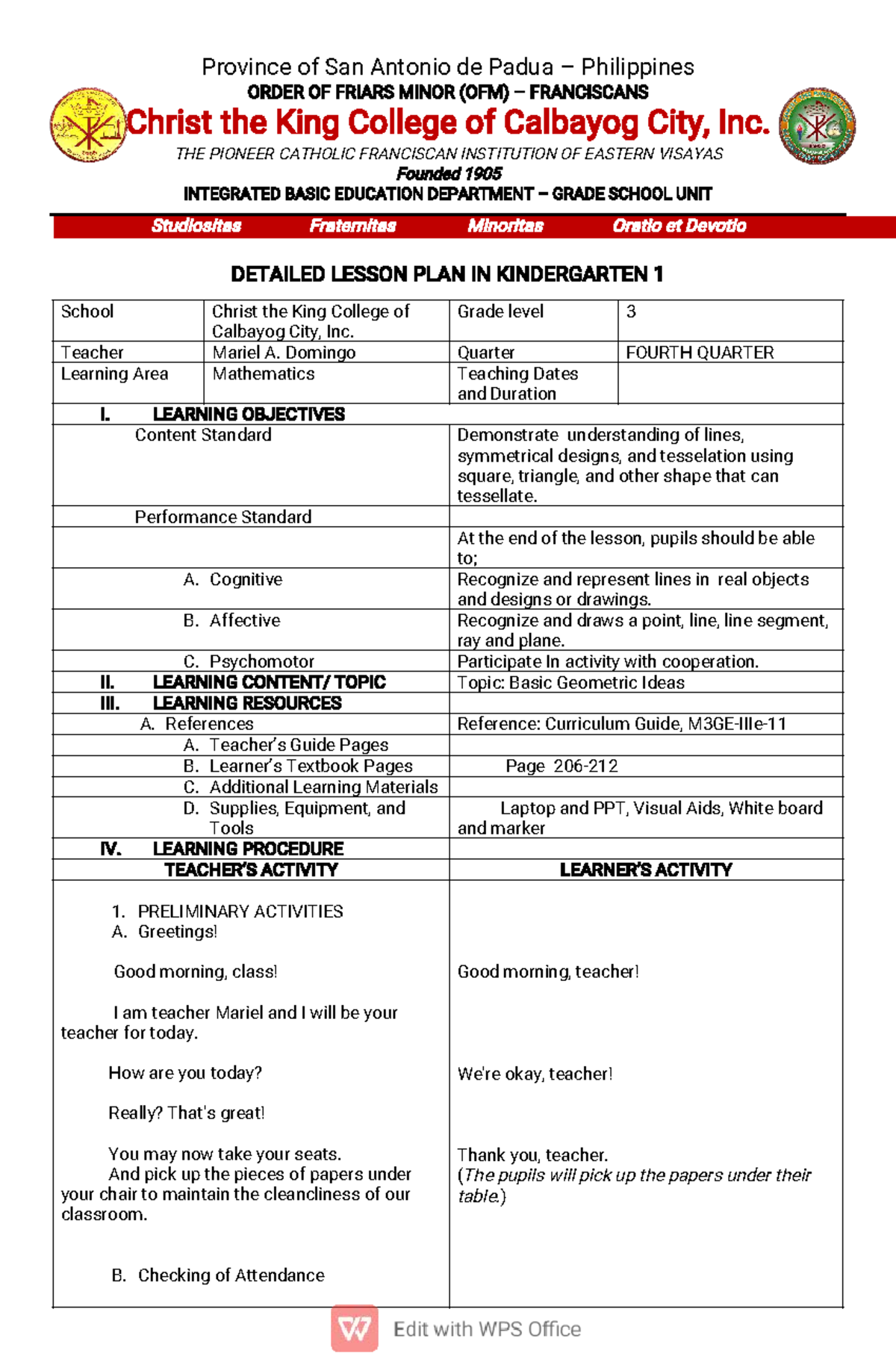 Detailed Lesson Plan in Math 3: Basic Geometric Ideas for Kindergarten ...