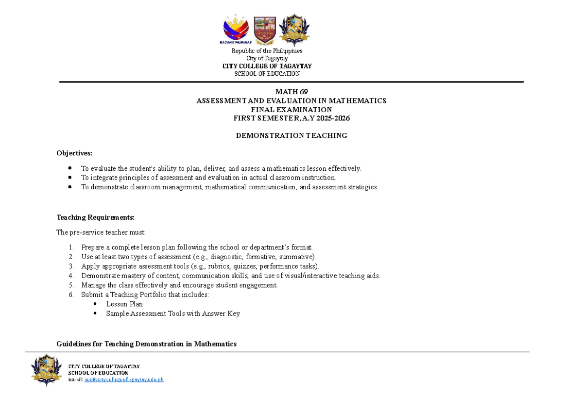 MATH 69 Final Exam: Assessment & Evaluation in Mathematics - Studocu
