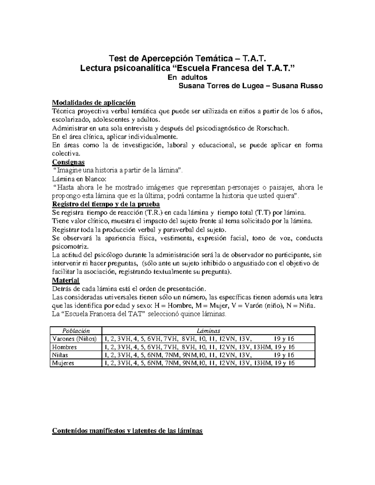 Aplicación del Test de Apercepción Temática (TAT) y Modalidades de Uso ...