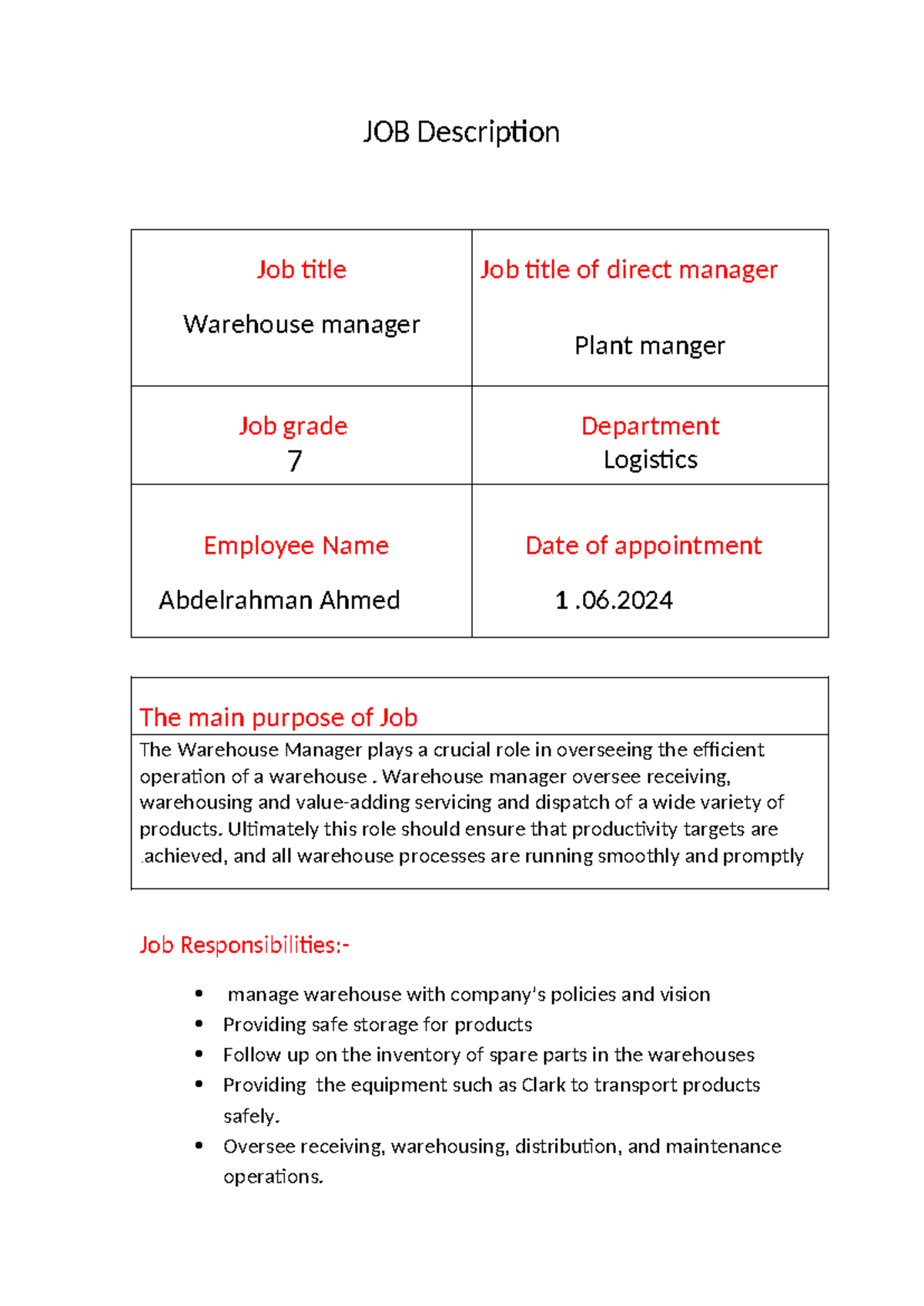 Warehouse Manager Job Description - Logistics Dept. (Grade 7) - Studocu