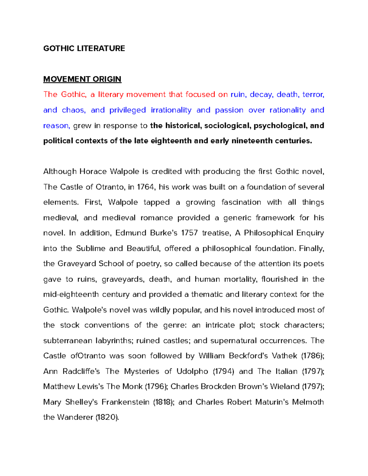 GOTHIC LITERATURE MOVEMENT ORIGIN: A Historical Overview - Studocu