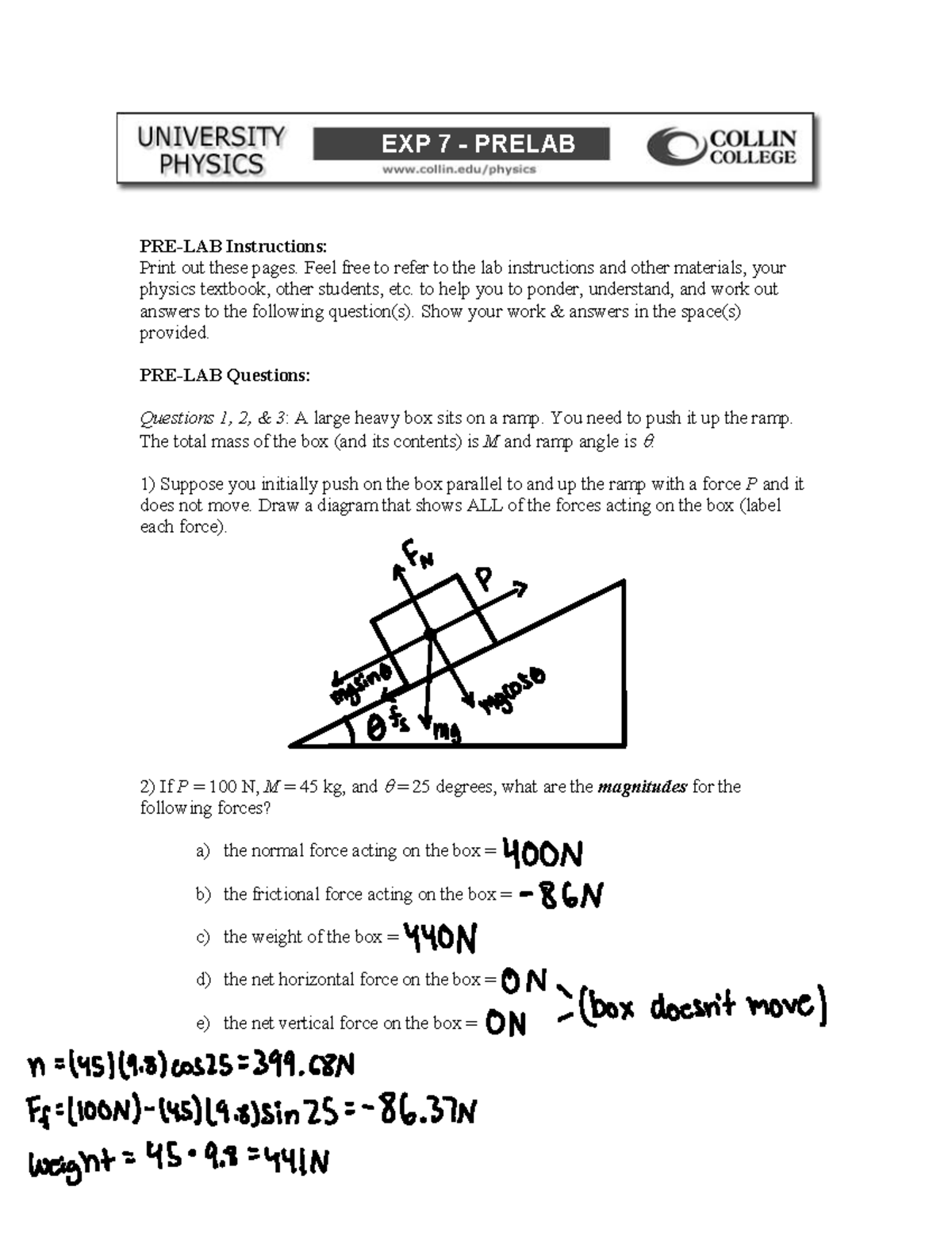 PHYS 2425 Exp 7 Prelab: Forces on a Box on a Ramp - Studocu