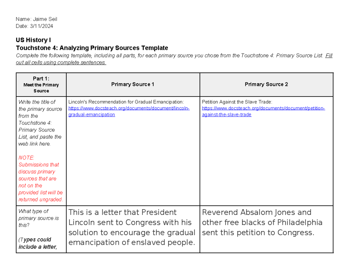 US History I Touchstone 4: Analyzing Primary Sources Assignment - Studocu