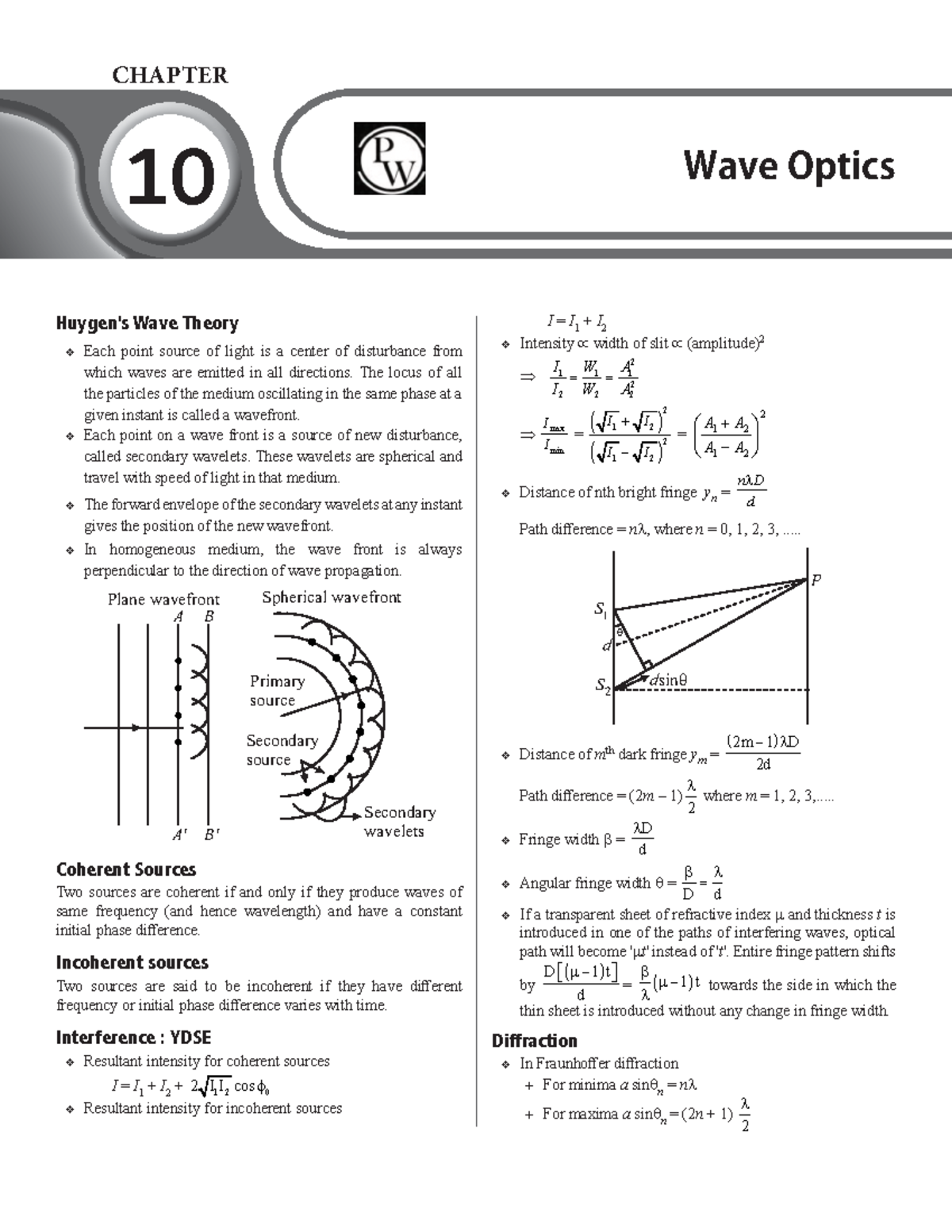 Wave Optics Short Notes - CHAPTER 10 Wave Optics Huygen's Wave Theory ...