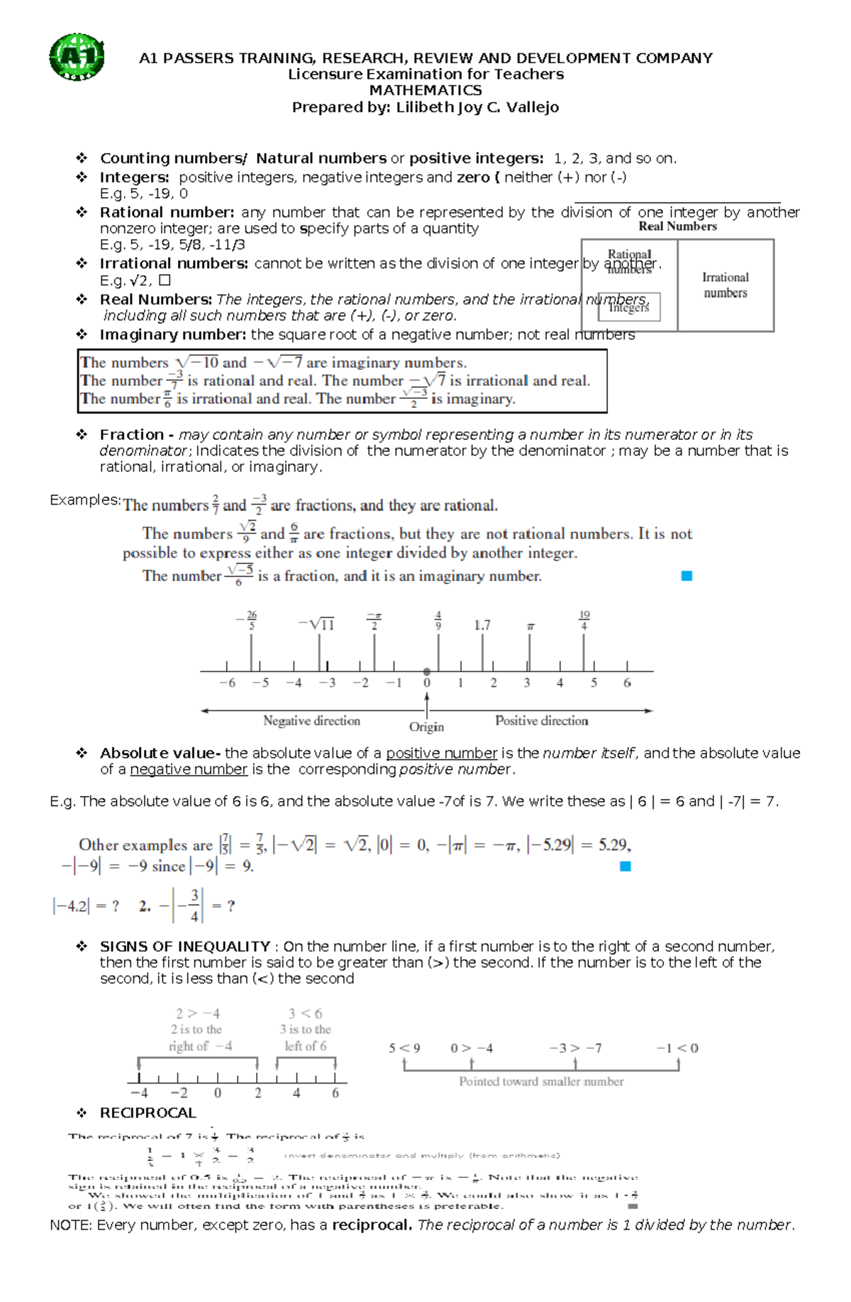 KMT 100796171 Math Final Review Handout: Key Concepts and Examples ...