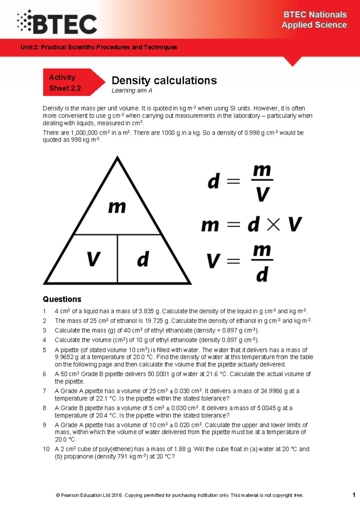 Unit 2: Practical Density Calculations and Scientific Procedures - Studocu