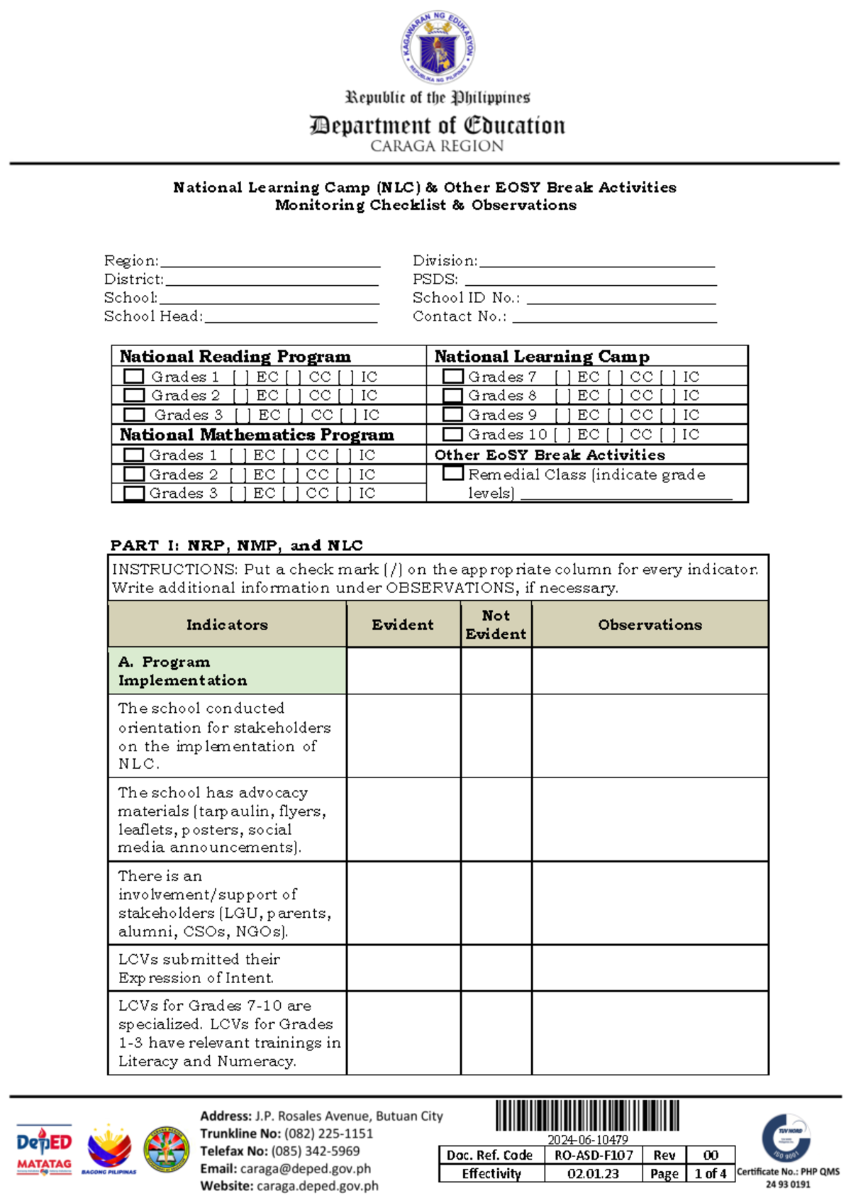 Final Exam 2024 NLC Monitoring Tool & Checklist for EOSY Activities - Studocu