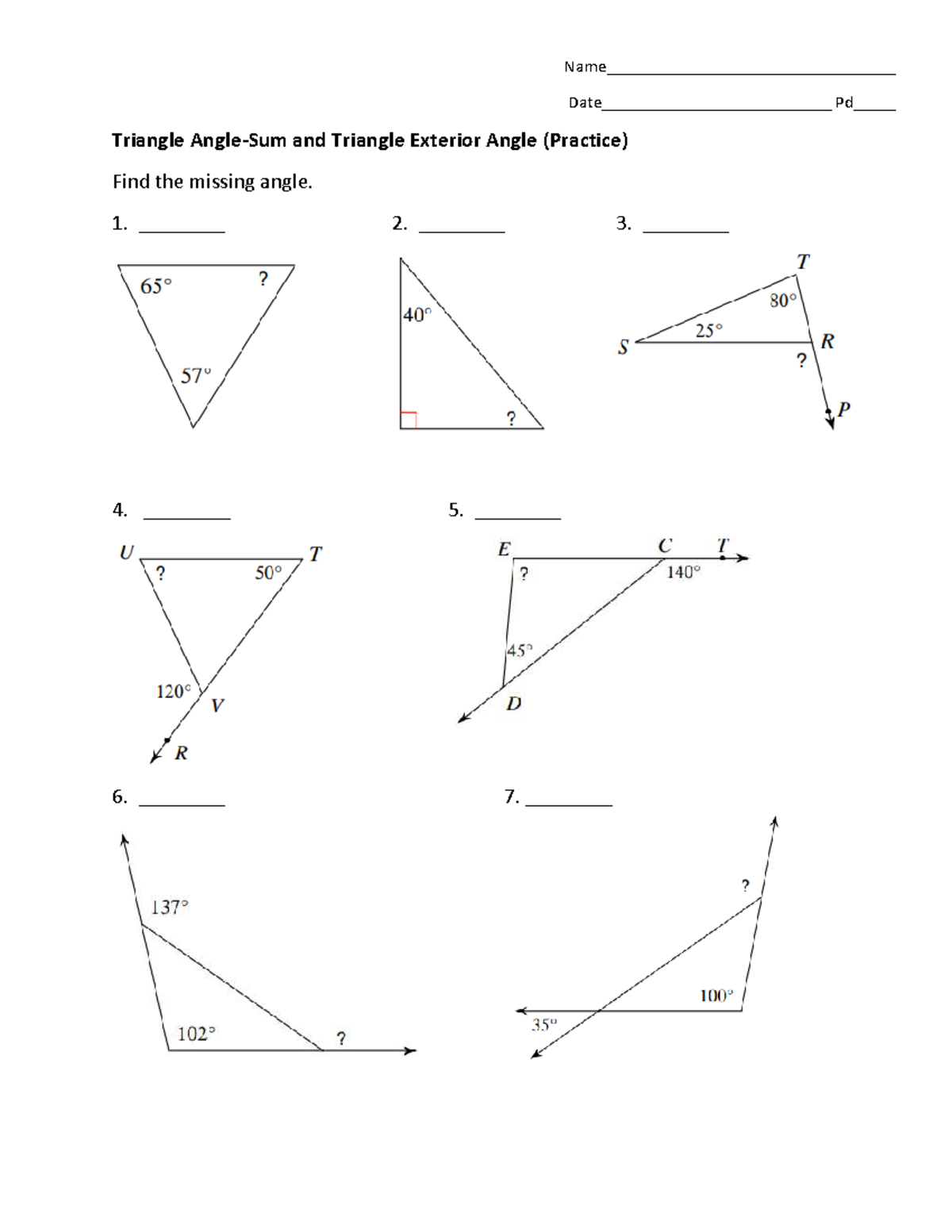 Triangle Angle-Sum & Exterior Angle Practice Problems - Name