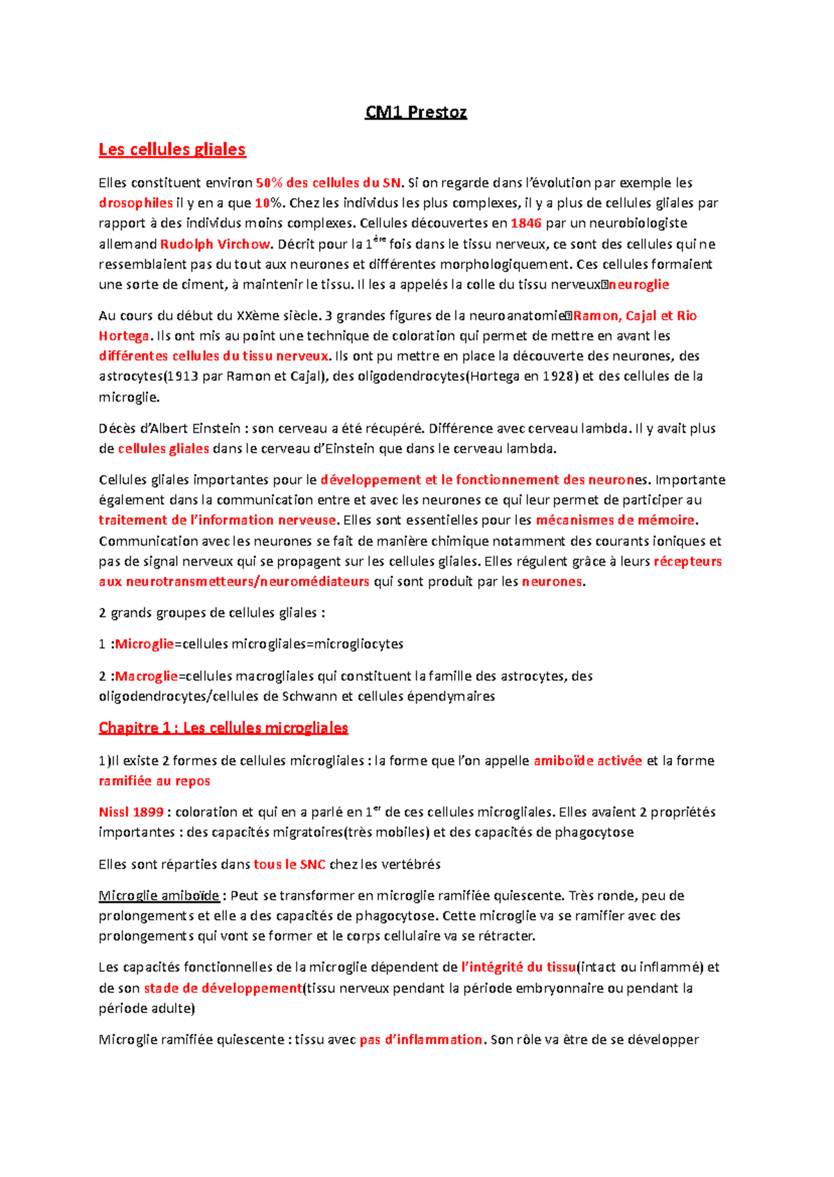 Chapitre 1 : Cellules Microgliales - CM1 Prestoz - Studocu