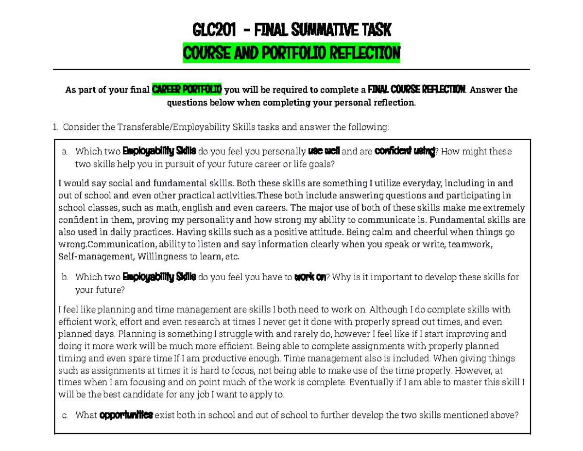 Porfolio Activity Final Course Reflection - GLC201 - FINAL SUMMATIVE ...