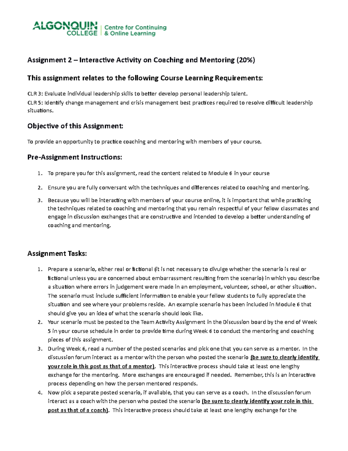 Assignment 2: Interactive Coaching & Mentoring Activity Instructions ...