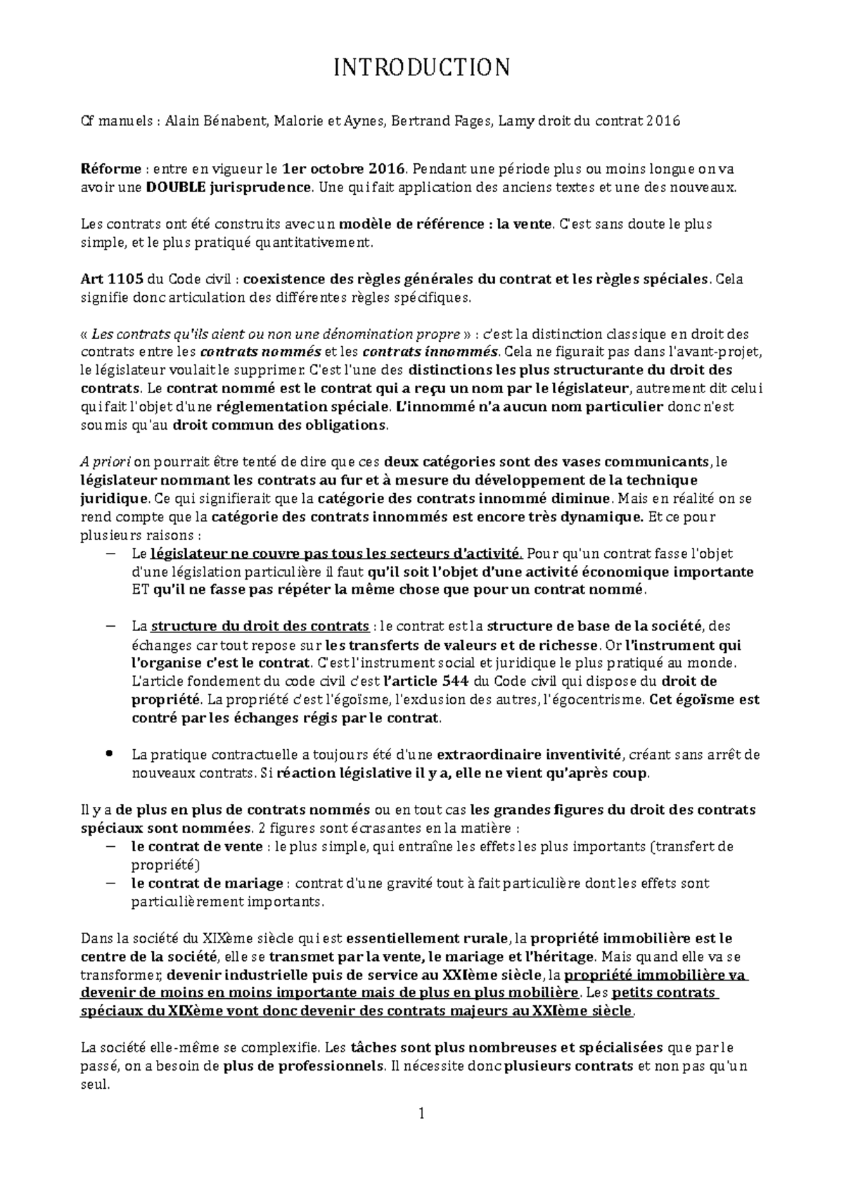 Contrats Speciaux S7 - INTRODUCTION Cf manuels : Alain Bénabent ...