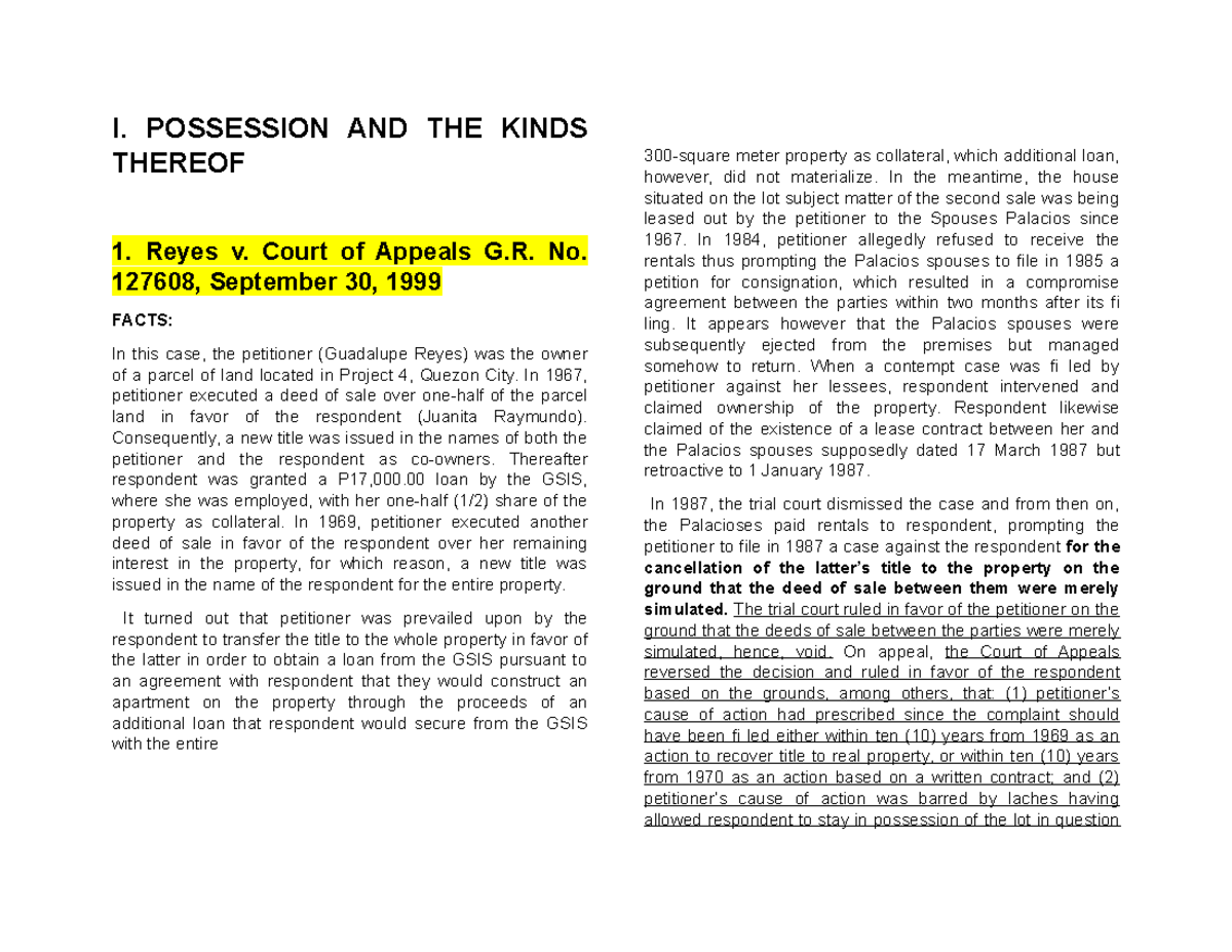 Possession and Ownership Cases: Legal Insights and Rulings (LAW 101 ...
