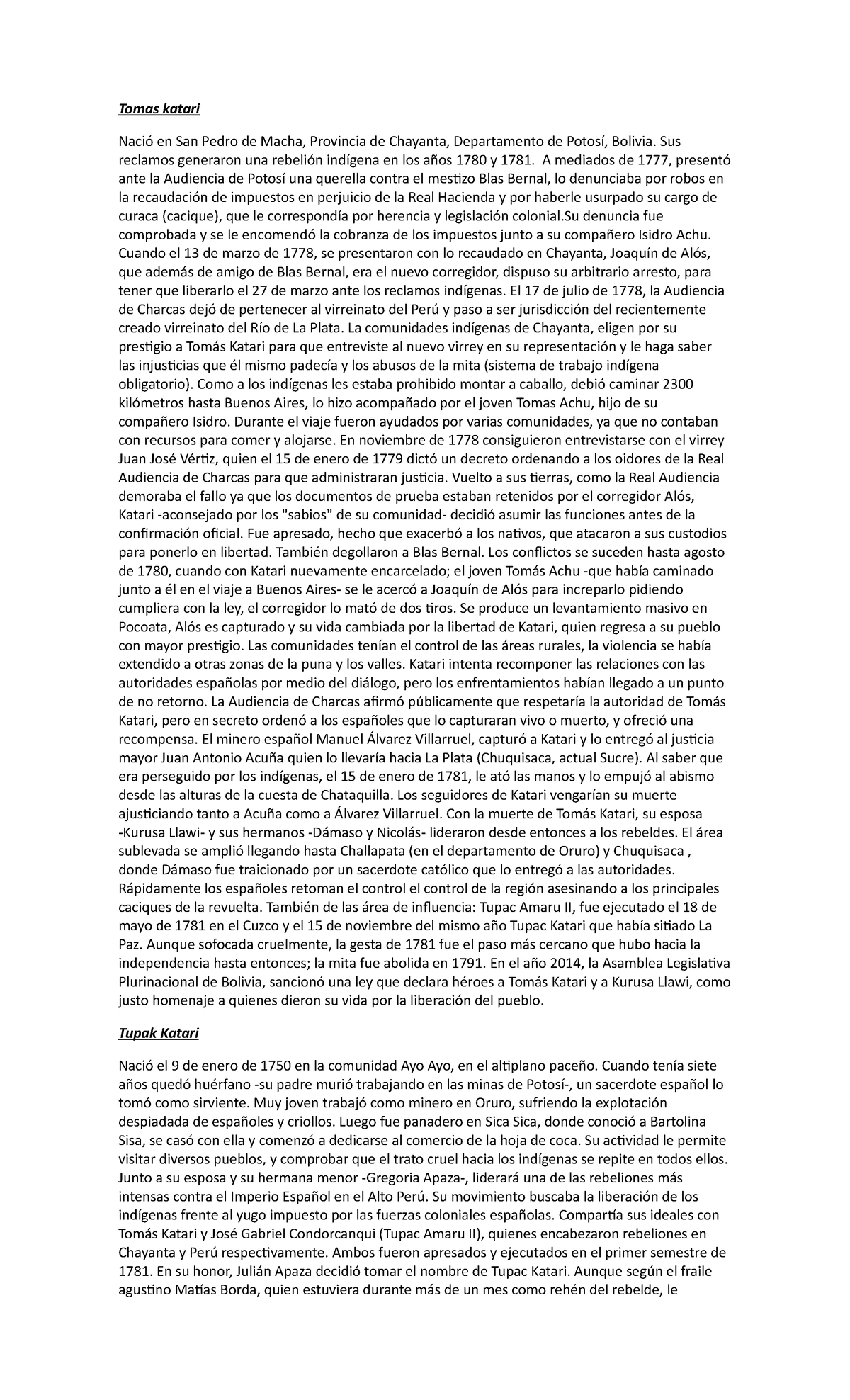 Tomas katari - Nota: 9 - Tomas katari Nació en San Pedro de Macha, Provincia de Chayanta, - Studocu