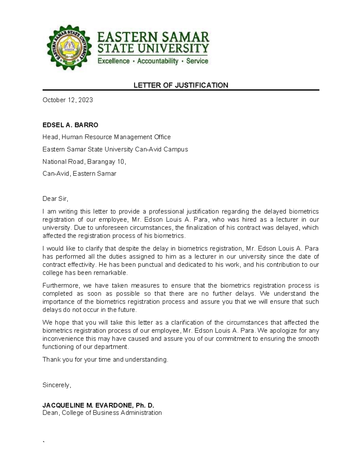 Justification Letter for Delayed Biometrics Registration of Lecturer ...