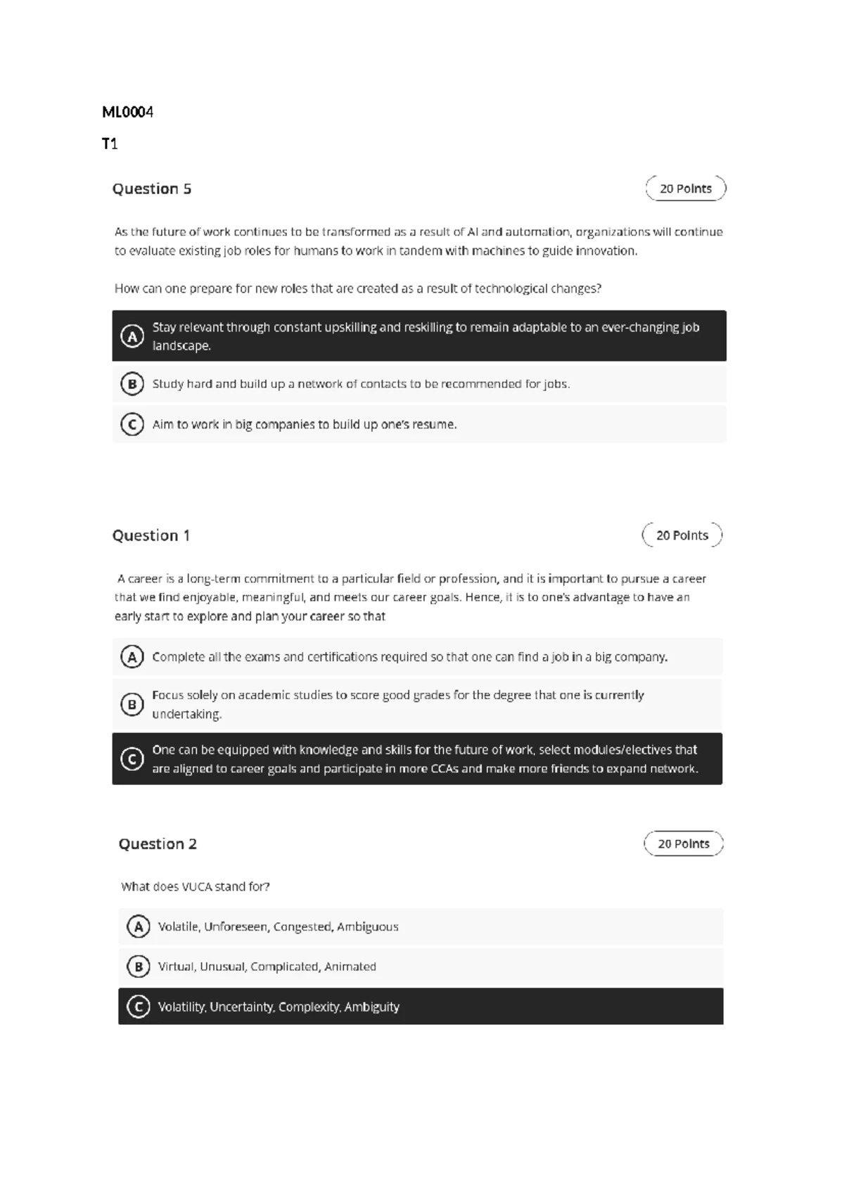 ML0004 - Weekly Quiz Answers: Key Concepts and Skills Overview - Studocu