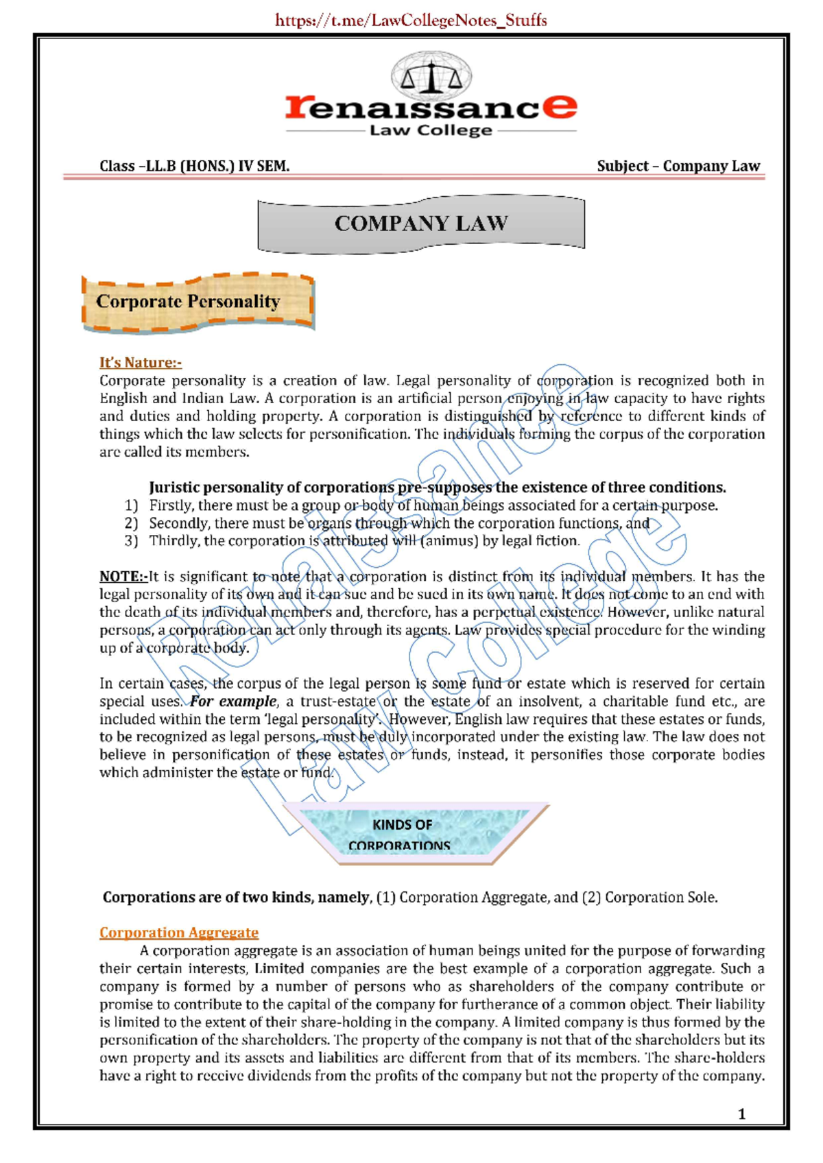 Company Law Renaissance Law College Notes final - 3 year LL.B - Studocu