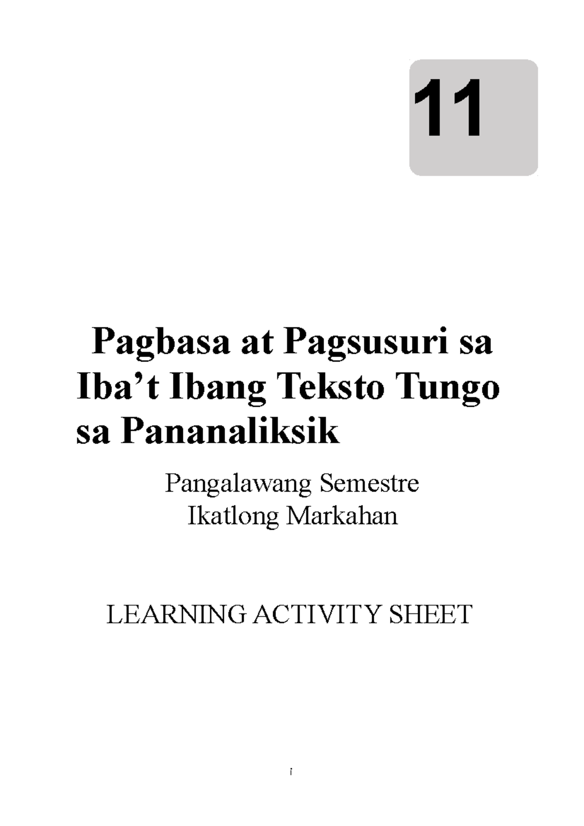Worksheet sa Pagbasa at Pagsusuri para sa Baitang 11 - Kasanayan sa ...