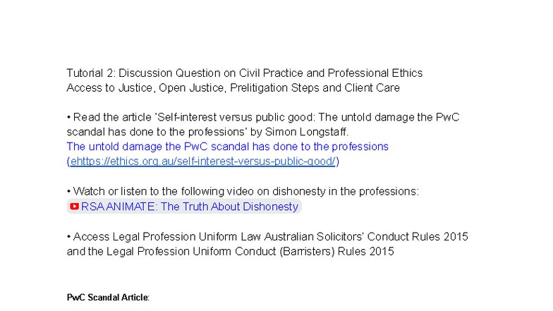 Civil Practice Tutorial 2: Ethics, Access to Justice, and the PwC ...