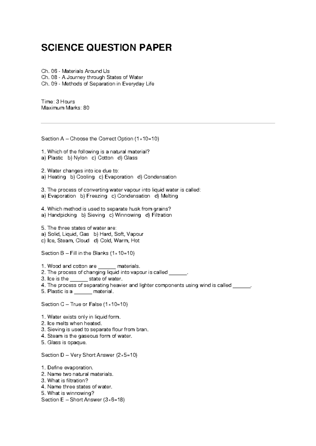 SCIENCE QUESTION PAPER: Ch. 06, 08, 09 - Materials & Water States - Studocu