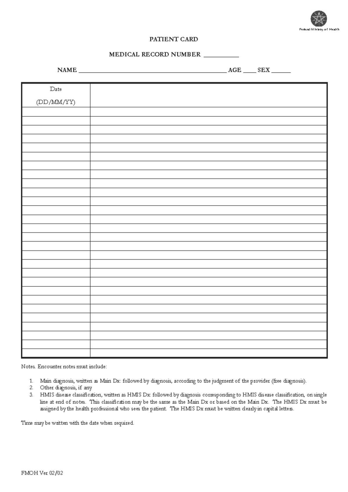 FMOH Patient Card Guidelines: Medical Record & Encounter Notes - Studocu