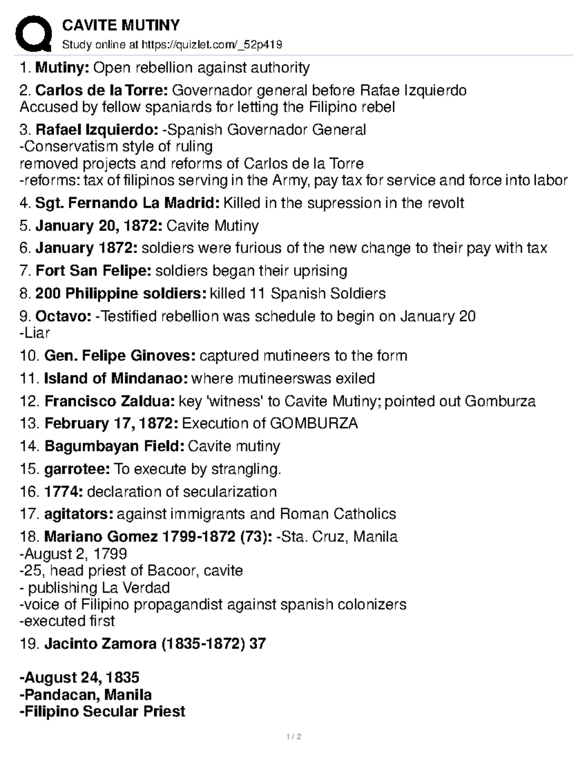 RPH CAVITE MUTINY Quizlet Study Notes and Key Events - Studocu