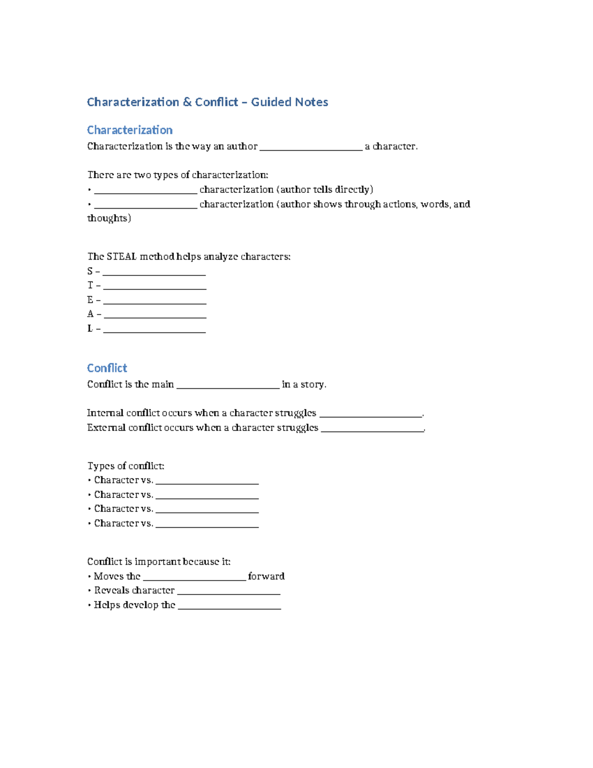 Characterization and Conflict Guided Notes Grade 9 - Characterization ...