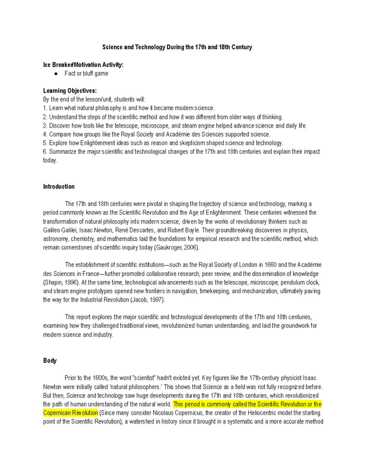 STS- Manuscript: The Scientific Revolution and Enlightenment Advances ...