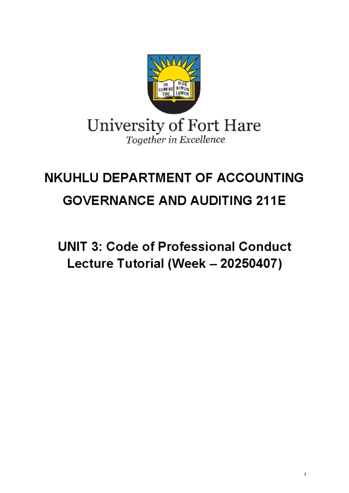 Governance and Auditing 211E: Professional Conduct Lectures 2025 - Studocu