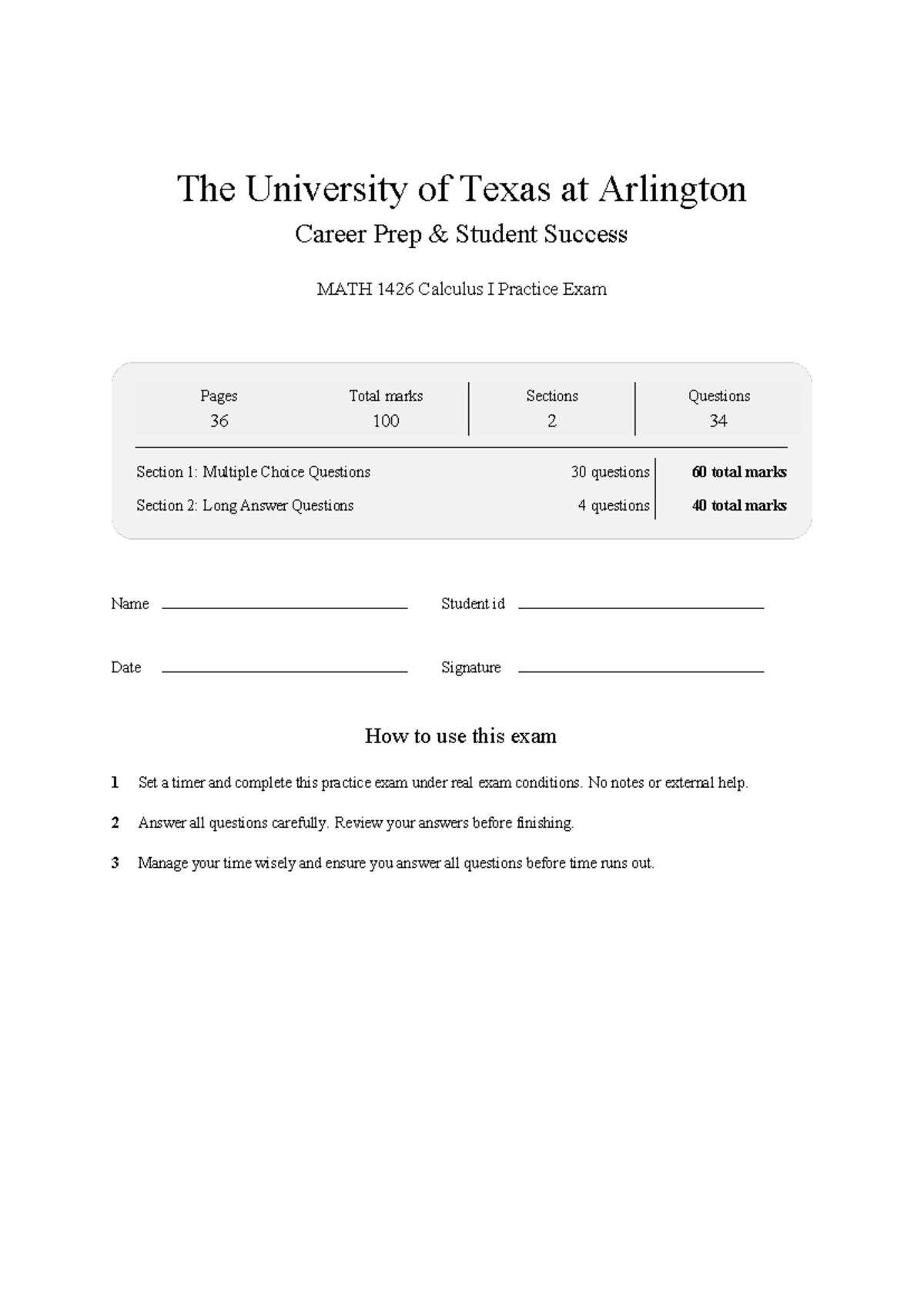 MATH 1426 Calculus I Practice Exam - Career Prep & Student Success ...