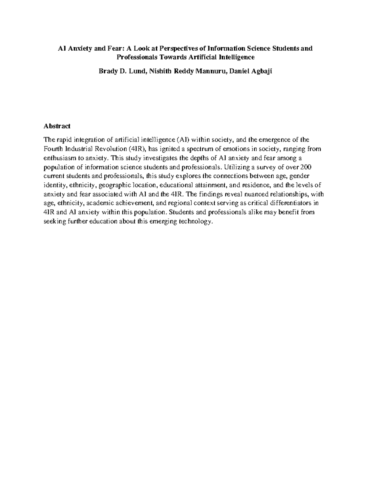 AI Anxiety and Fear: Insights from Info Science Students & Pros (IS 101 ...