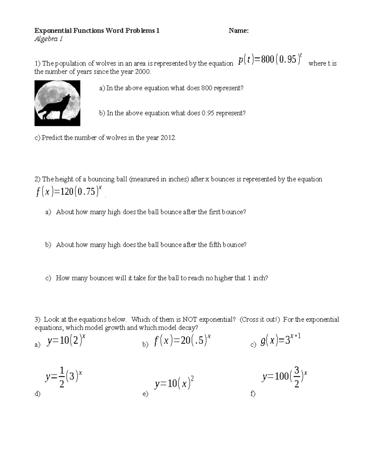 Algebra 1: Exponential Functions Word Problems - Practice Exercises ...