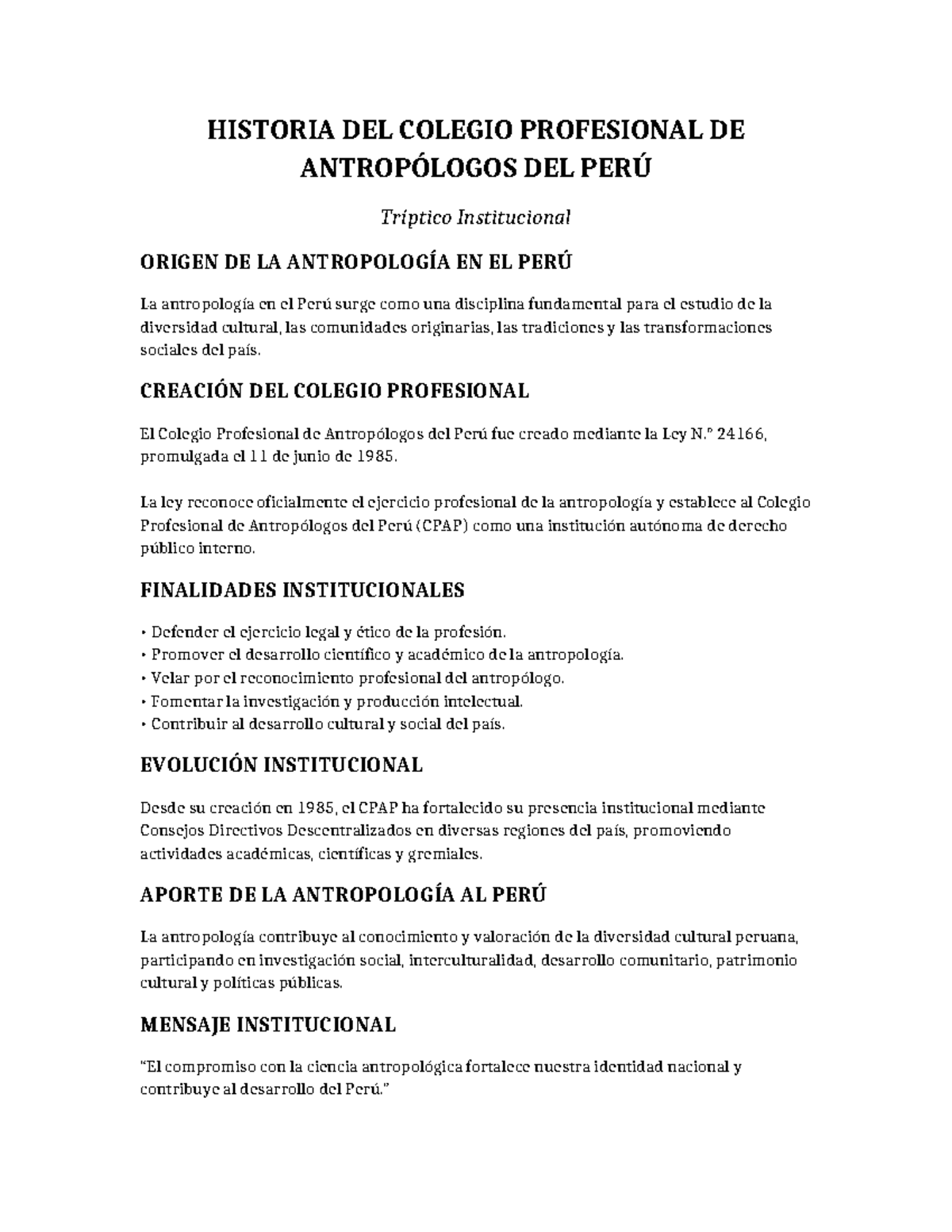 Historia del Colegio Profesional de Antropólogos del Perú: Tríptico ...