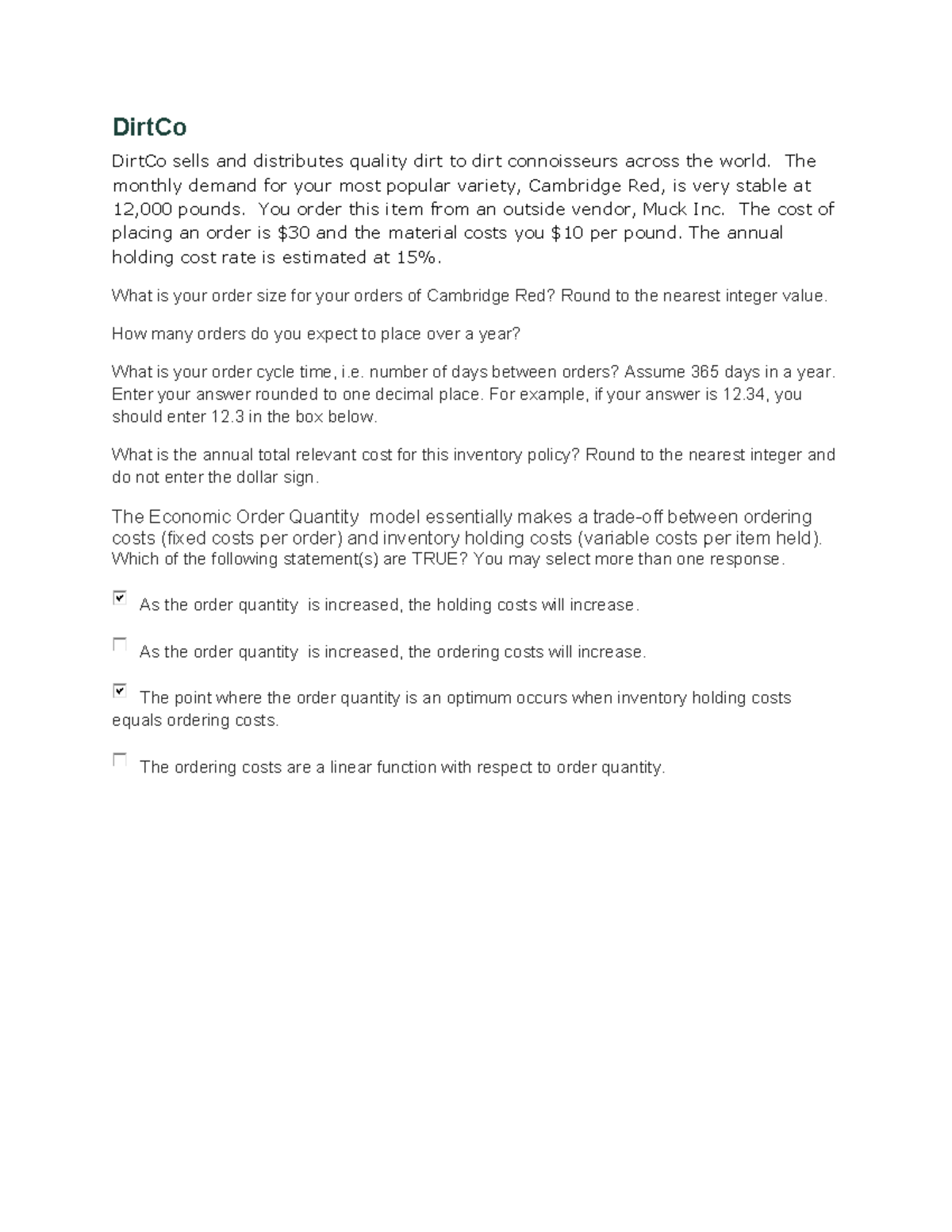 DirtCo Inventory Management: EOQ Analysis and Cost Calculations - Studocu