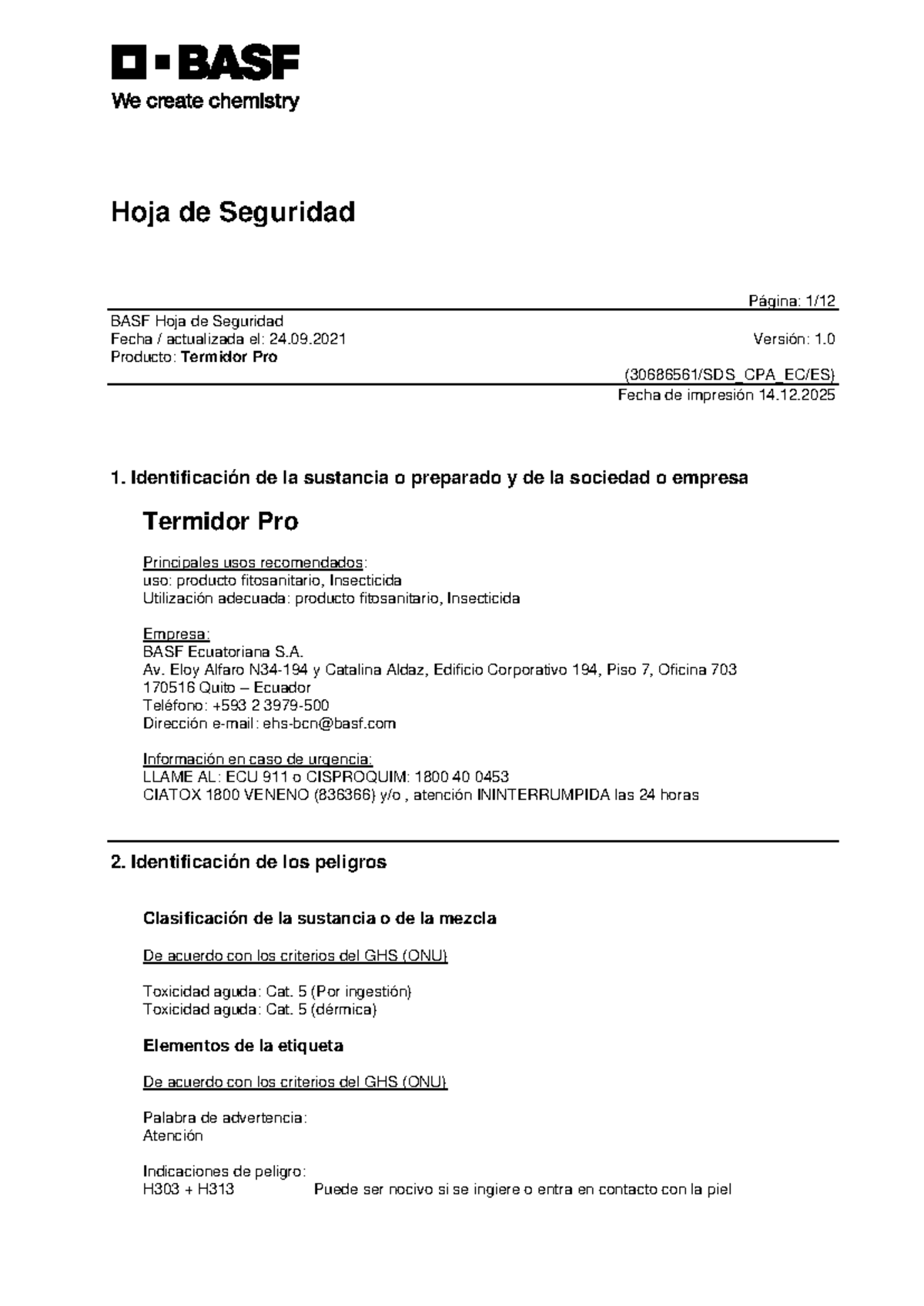 Hoja De Seguridad Termidor Pro Sds Basf Versión 1 0 Studocu