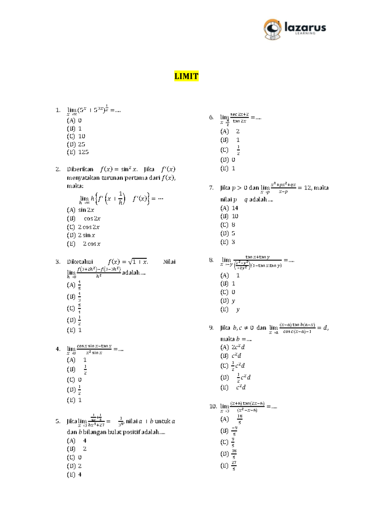 Soal Limit Matematika - [Soal-Matipa] - Studocu