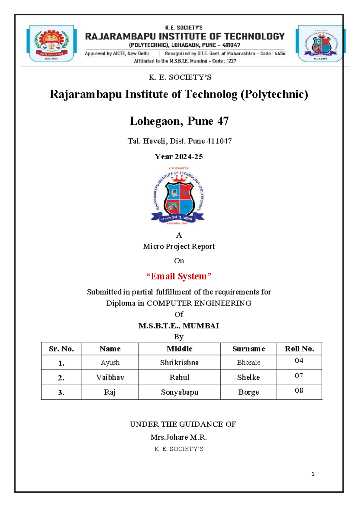 Micro Project Report on Email System for Diploma in CE (CO-1 to CO-5 ...