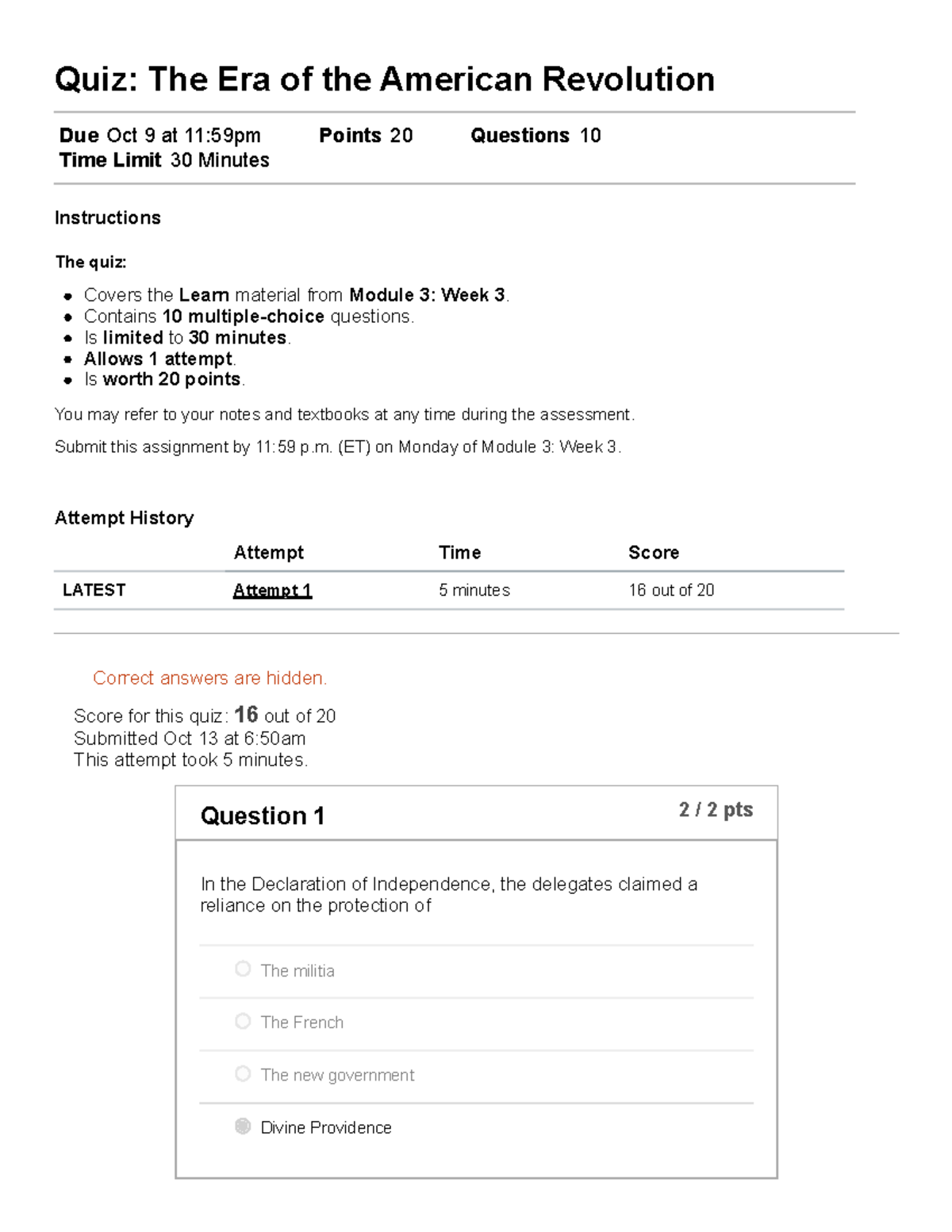 Quiz on The Era of the American Revolution HIUS221 (C01) - Score: 16/20 ...