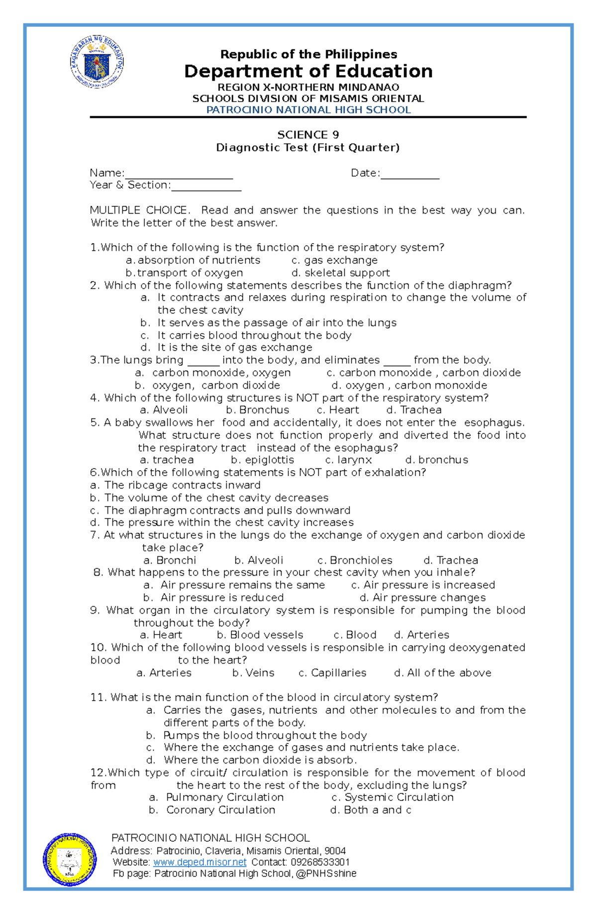 Diagnostic Test for Science 9 - First Quarter Edition - Studocu