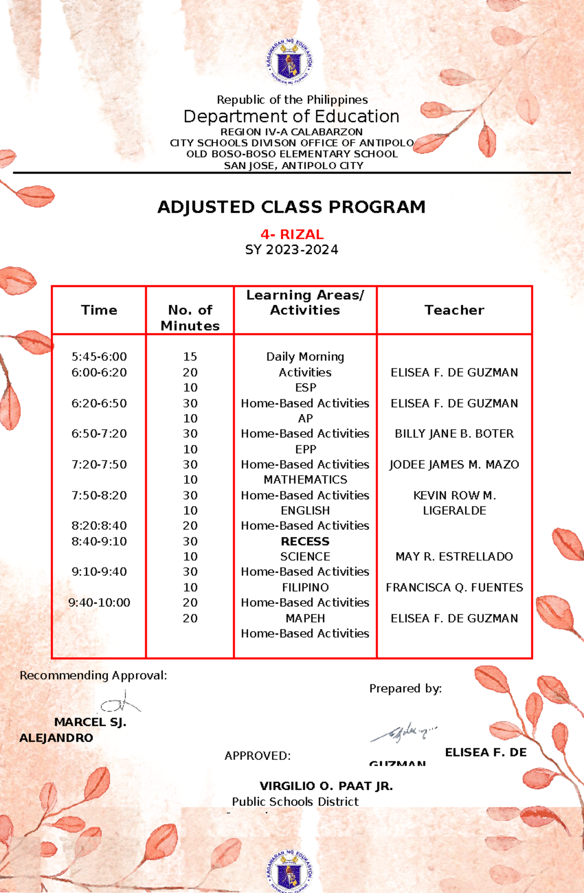 Grade 4 Adjusted Class Program 2023 2024 - Republic of the Philippines ...