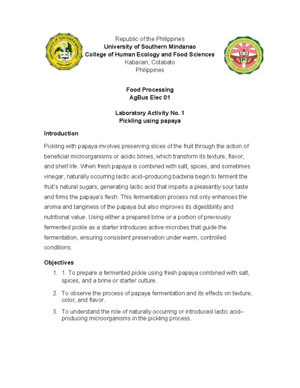 LAB-1: Pickling with Papaya - AgBus Elec 01 Laboratory Activity - Studocu