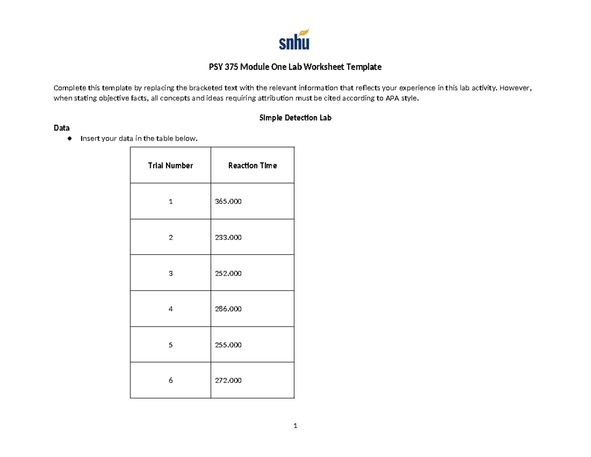 PSY 375 Module One Lab Worksheet: Data & Analysis Insights - Studocu