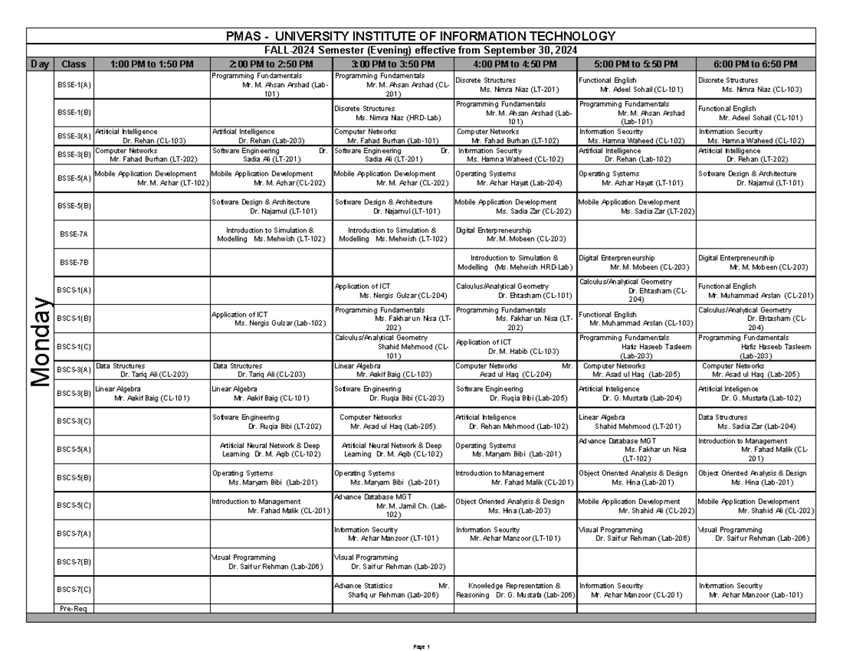 Evening Timetable for BSSE & BSCS Courses - Fall 2024 - Studocu