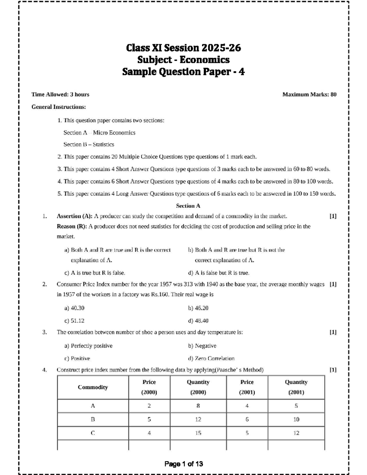 Class XI Eco Sample Question Paper 4: Micro & Stats (3 hrs, 80 Marks ...