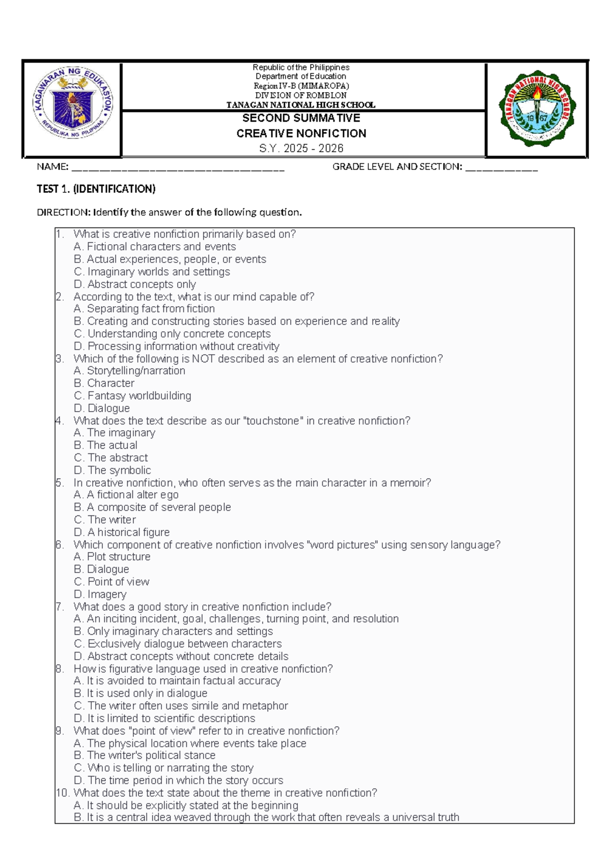 Second Summative Exam: Creative Nonfiction (S.Y. 2025-2026) - Studocu