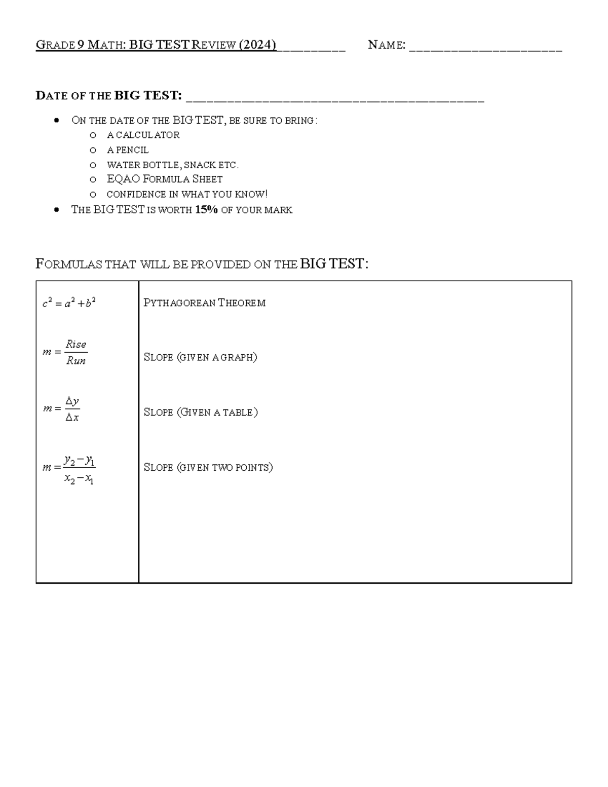 GRADE 9 MATH: BIG TEST REVIEW WORKSHEET AND SOLUTIONS - Studocu