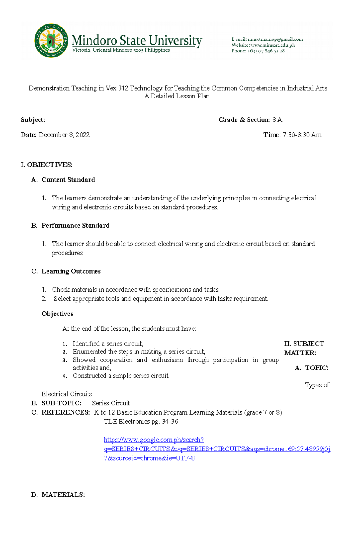 Detailed Lesson Plan for VEX 312: Series Circuits in Industrial Arts ...
